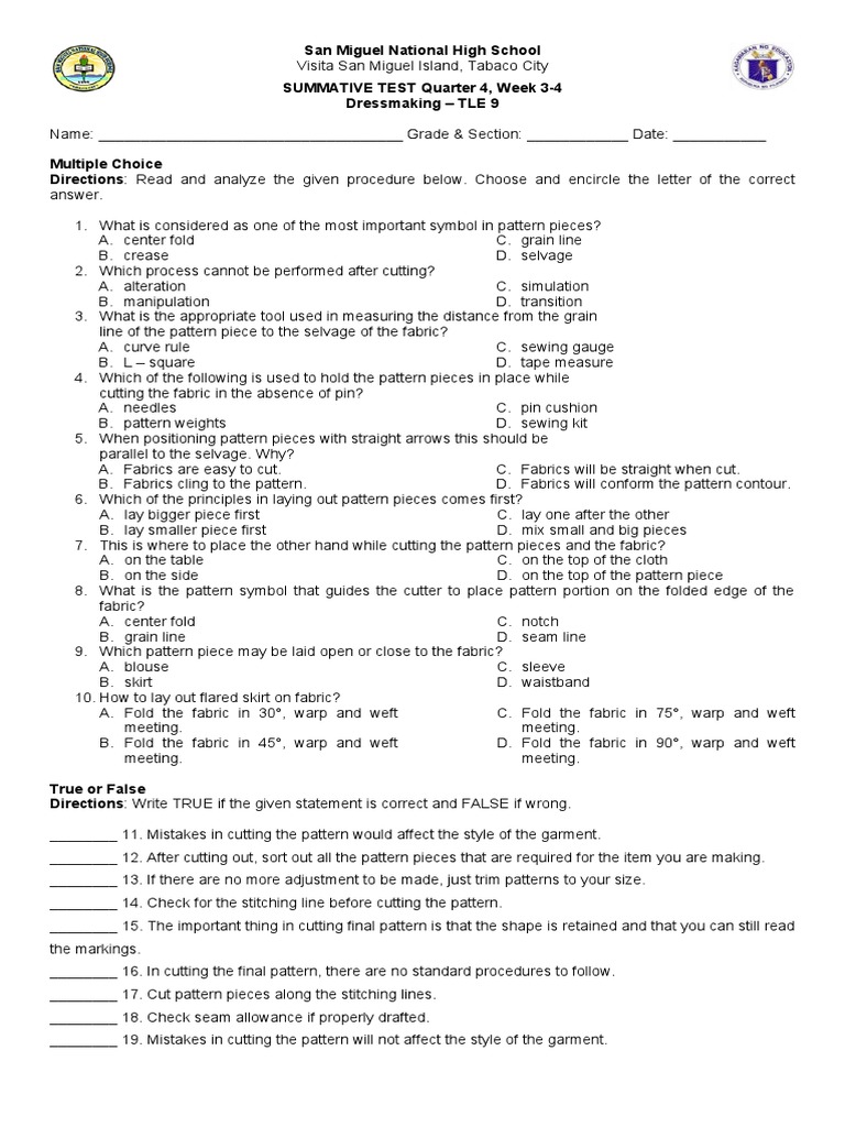 Summative Test Dressmaking 9 Q4 W3-4 | PDF | Seam (Sewing) | Textiles