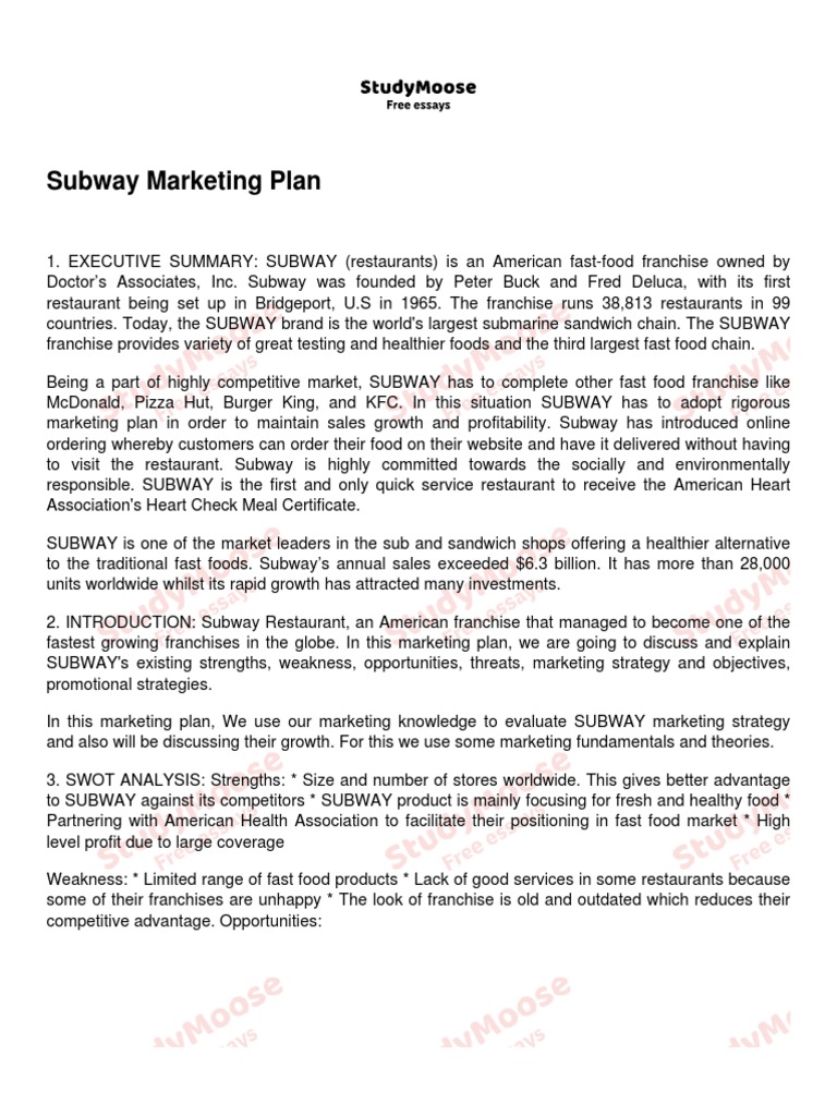 Subway Marketing Plan | PDF | Fast Food Restaurants | Franchising