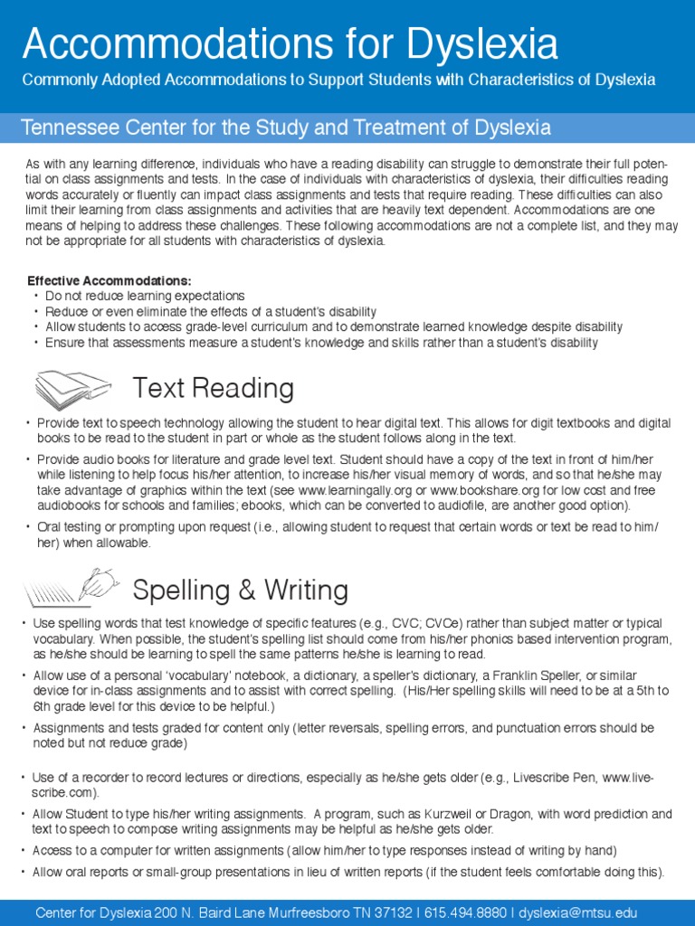 Accomodation For Dyslexia | PDF | Dyslexia | Learning Disability