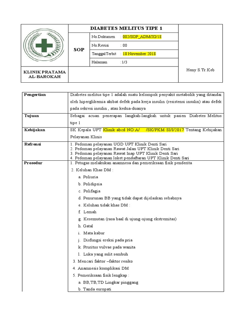 SOP DM Type 1 Sop 144 Penyakit | PDF | Pengembangan Diri | Kesehatan ...