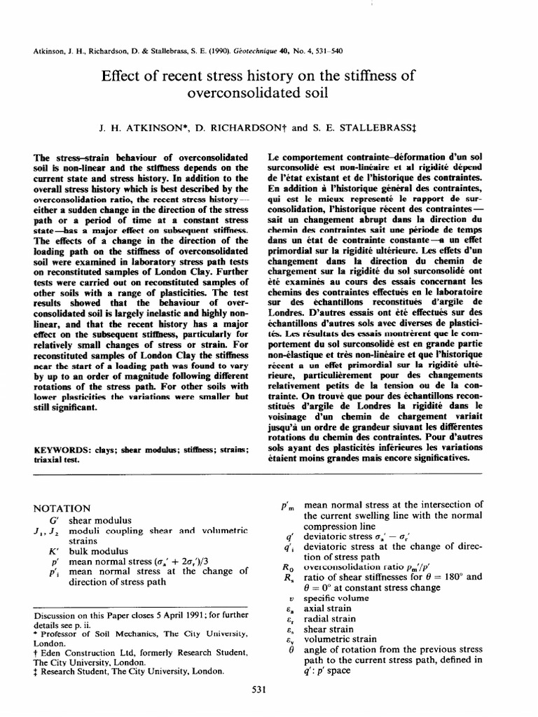 Atkinson - 1990 - Effect of Recent Stress History On The Stiffness of Overconsolidated Soil ...