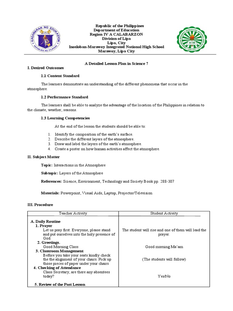 Atmosphere Lesson Plan | PDF | Atmosphere Of Earth | Atmosphere
