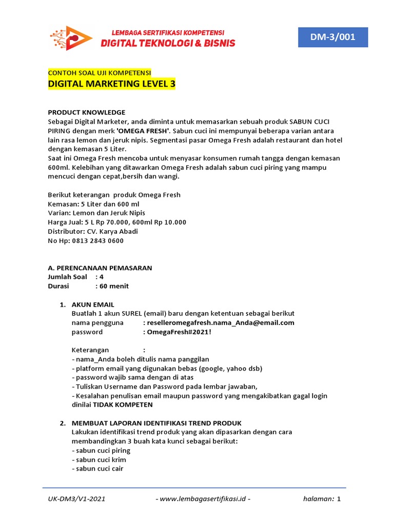 Contoh Soal Uji Kompetensi DM Lv3 2021 | PDF | Bisnis