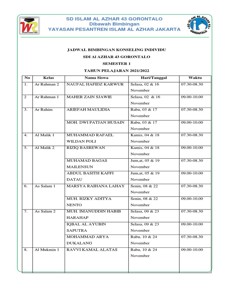 Jadwal Pendampingan Bimbingan Konseling SD | PDF