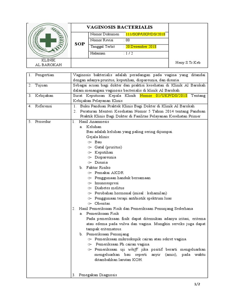 SOP Vaginosis Bakterialis | PDF