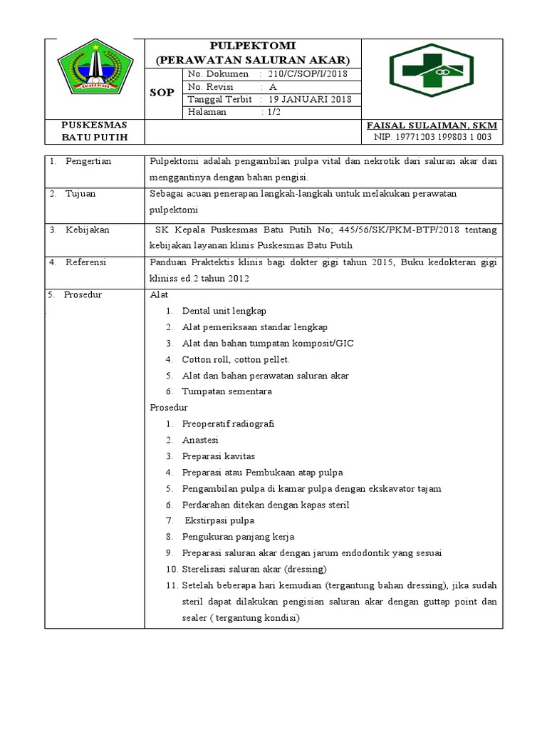 SOP Pulpektomi (Perawatan Saluran Akar | PDF