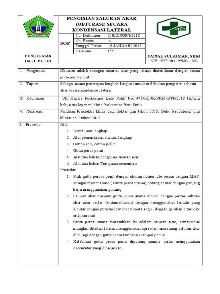 SOP Obturasi Saluran Akar Secara Kondensasi Lateral | PDF