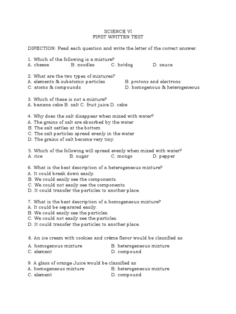 Summative Test in Science VI, Quarter 1 | PDF | Mixture | Homogeneity ...