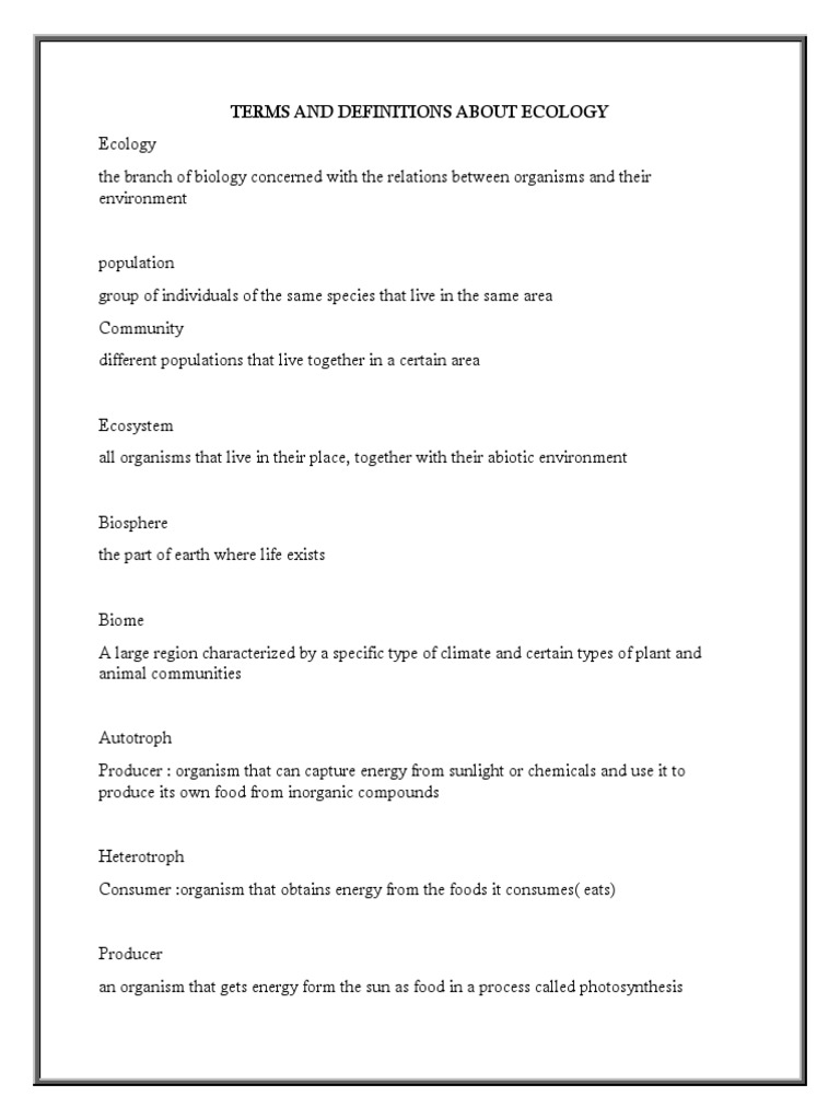 Terms and Definitions About Ecology | PDF | Food Web | Ecosystem