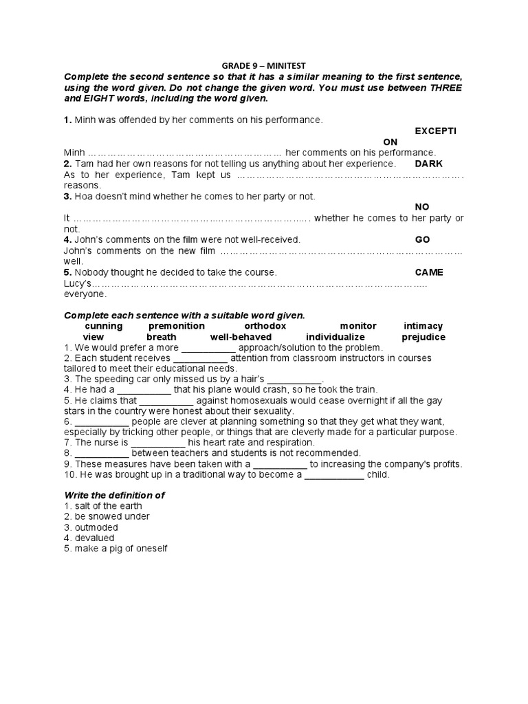 Grade 9 Mini Test Sentence Completion Pdf Career Growth
