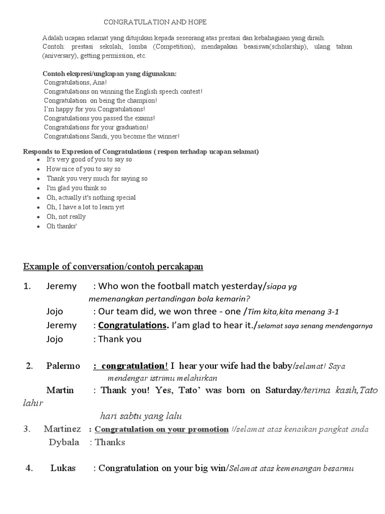 Materi 1 Expression of Congratulations Dan Contoh Dialog | PDF ...