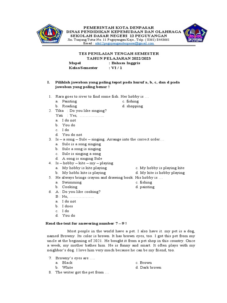 Penilaian Tengah Semester Kelas 6 SD | PDF | Owl | Rabbit