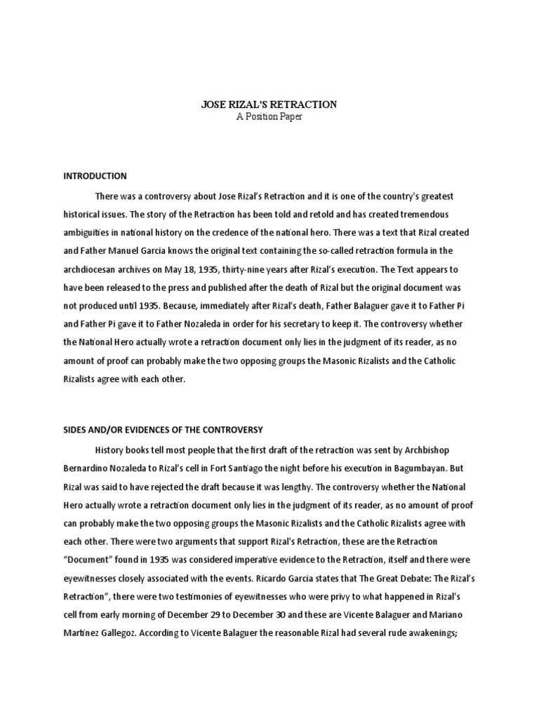 Jose Rizal Retraction Position Paper | PDF | Evidence