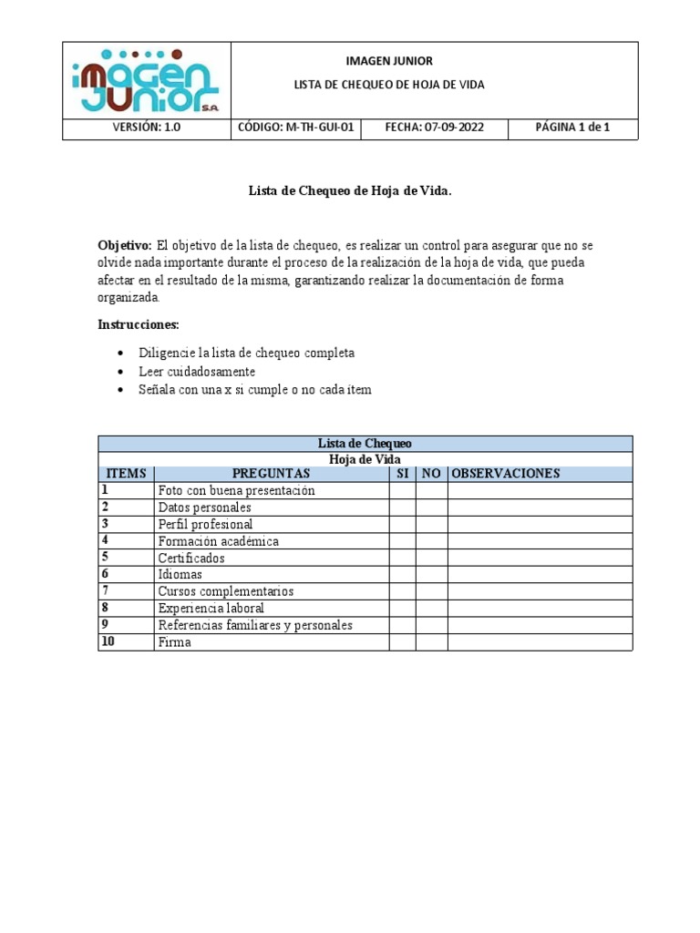 Lista de Chequeo de Hoja de Vida-Manuela Garcia | PDF