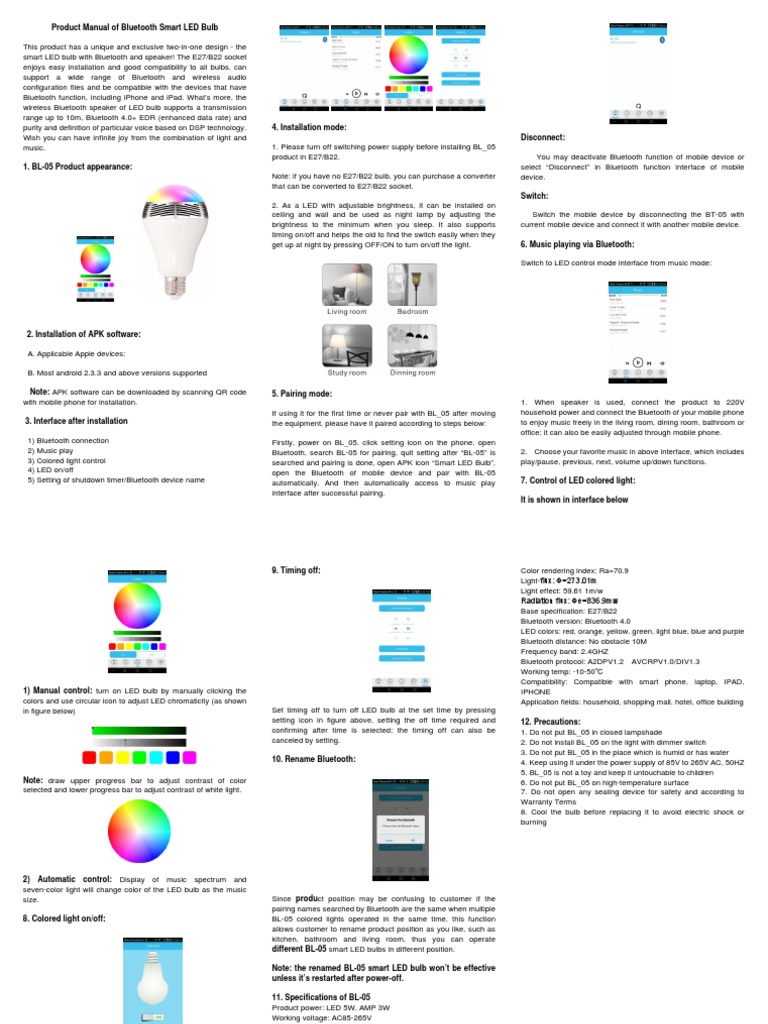 Bluetooth BL 05 E27 b22 Led Smart Bulb Manual Original | PDF | Bluetooth | Light Emitting Diode