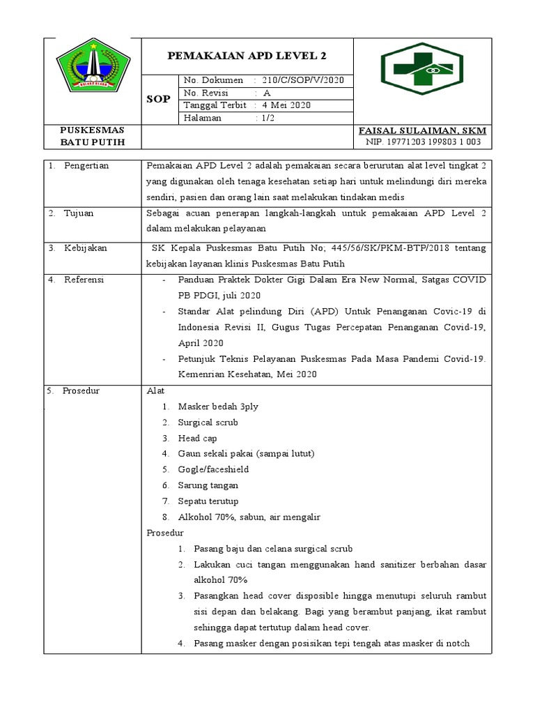 SOP Pemakaian APD Level 2 | PDF