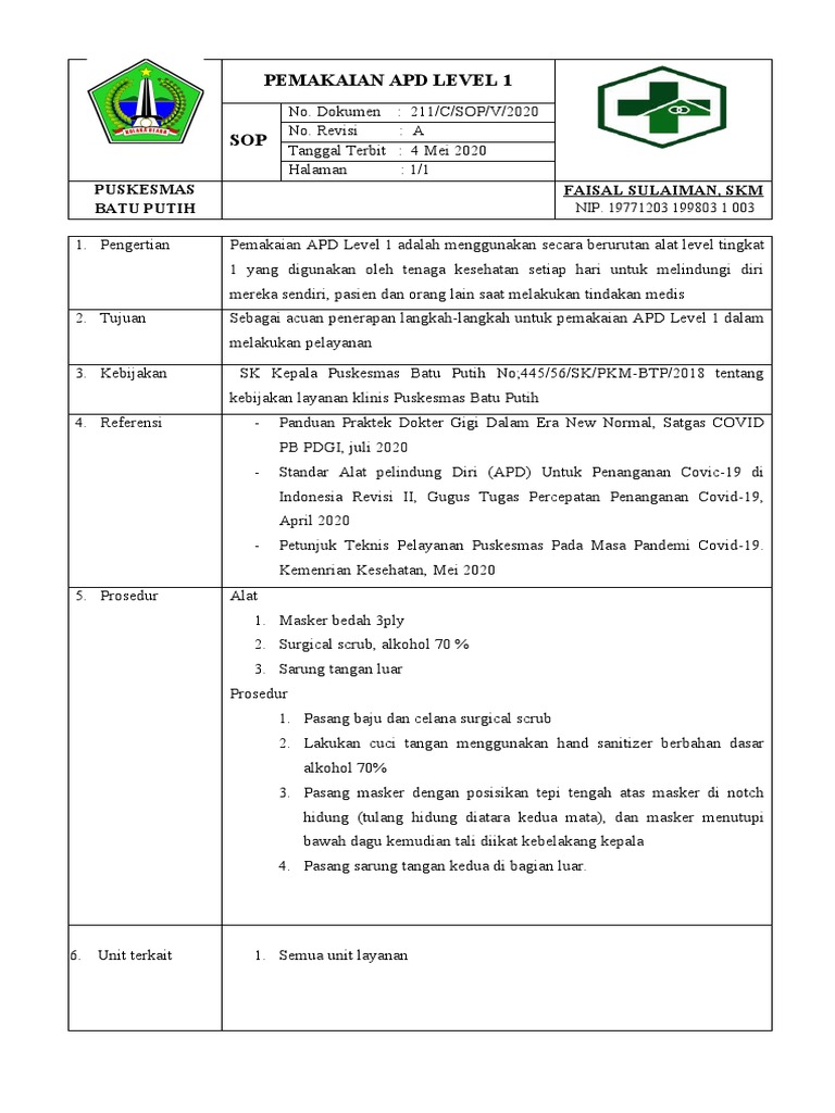 71 Sop Pemakaian Apd Level 1 Pdf