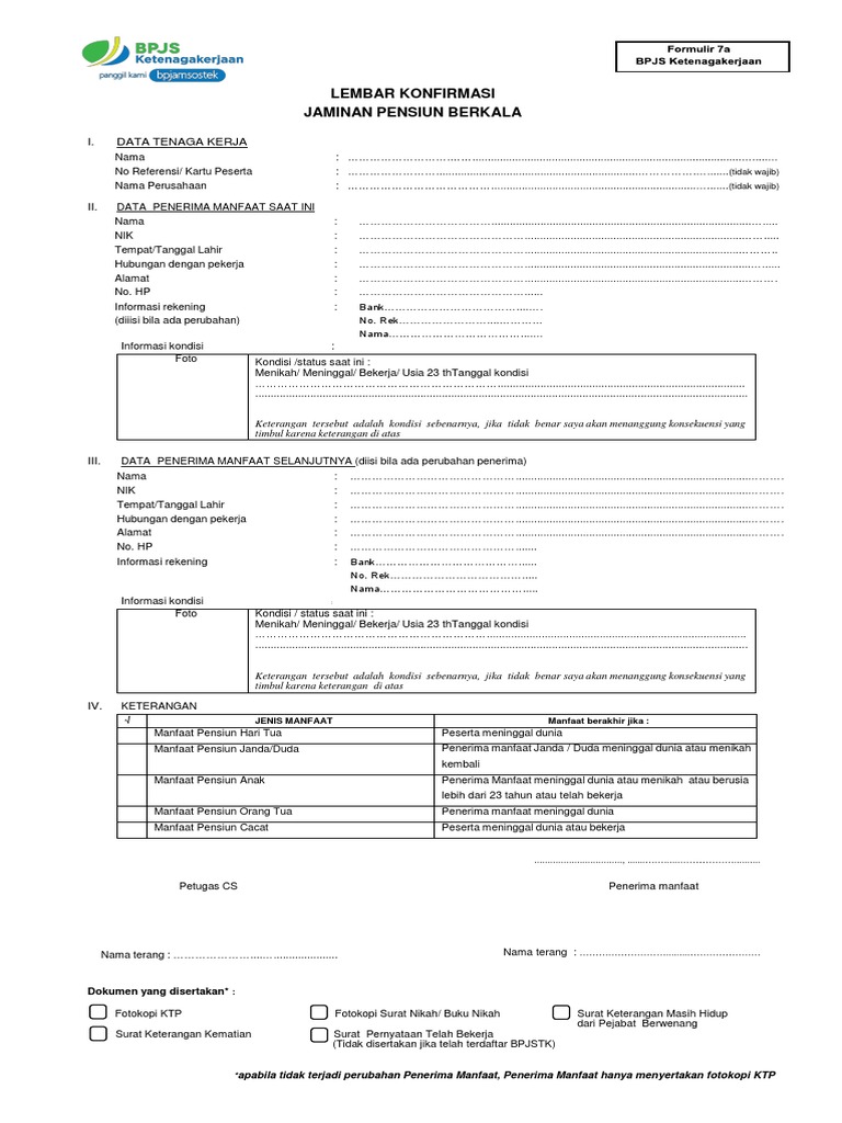 Formulir 7a - Lembar Konfirmasi Jaminan Pensiun Berkala | PDF