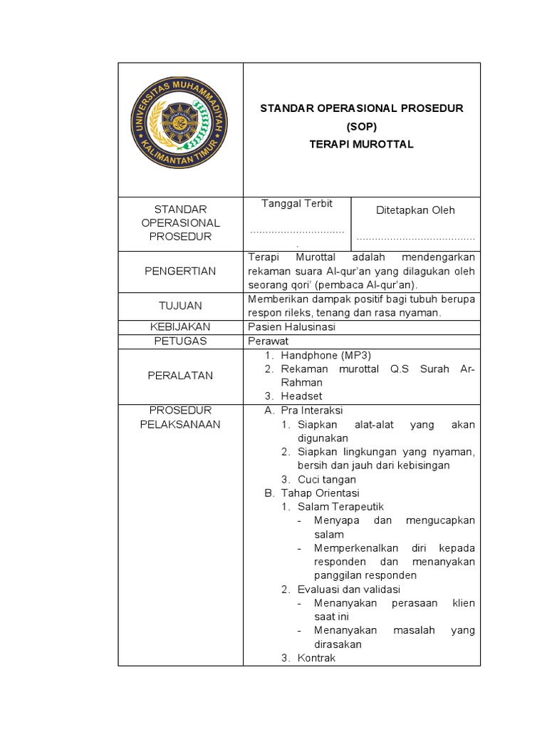 Standar Operasional Prosedur Terapi Murottal | PDF | Kesehatan Holistik