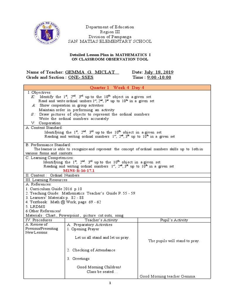 Detailed Lesson in Math 1 Ordinal Numbers | PDF | Teachers | Learning