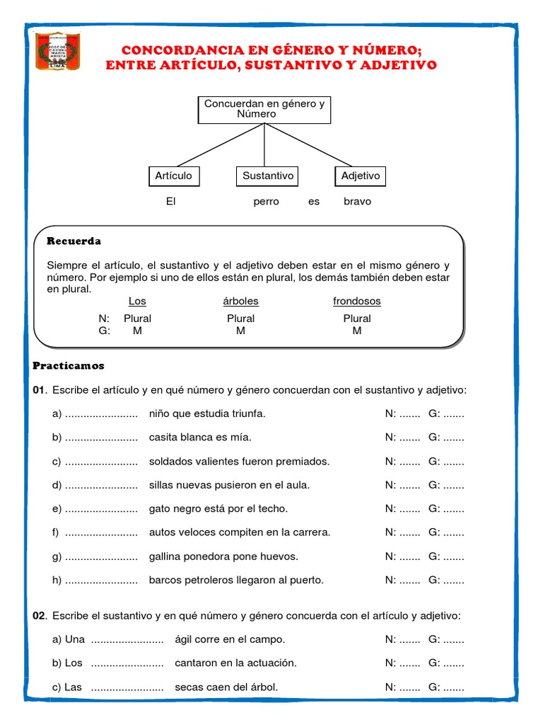 Ficha de Comunicacion-Concordancia en Género y Número | PDF | Adjetivo ...