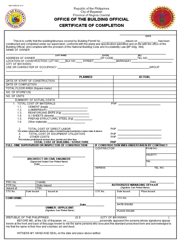 NBC FORM NO Certificate of Completion | PDF | Economic Sectors | Real Estate