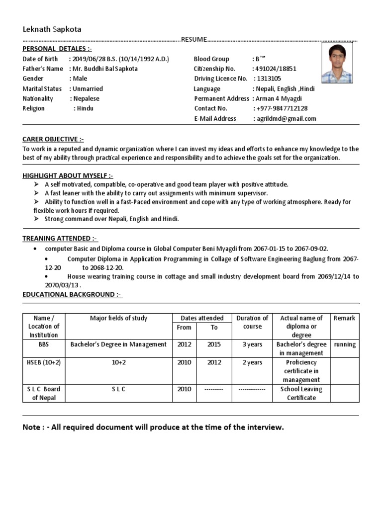 Nepali Citizenship Resume of Leknath Sapkota | PDF | Bachelor's Degree ...