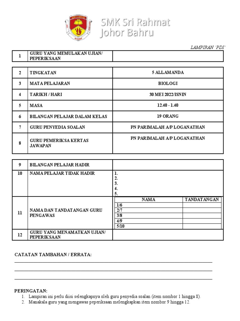 Cover Kertas Soalan Bilik Exam | PDF