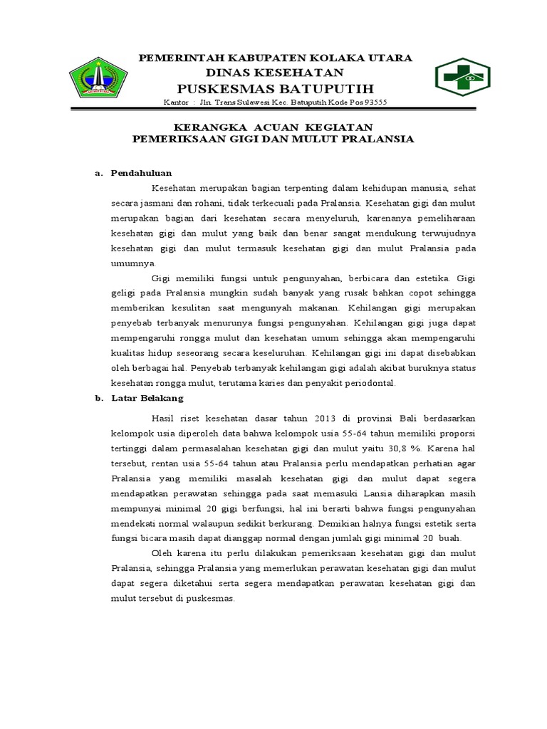 KAK Pemeriksaan Gigi Dan Mulut Pralansia | PDF | Kesehatan Holistik