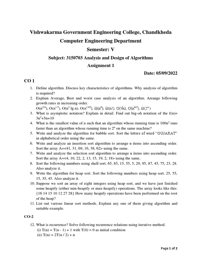 Assignment [analysis And Design Of Algorithms] Pdf Recurrence Relation Theoretical