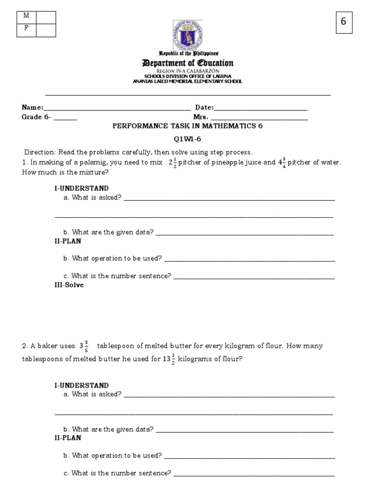 PERFORMANCE TEST IN MATH 6 Q1 WK 1 4 Autosaved | PDF