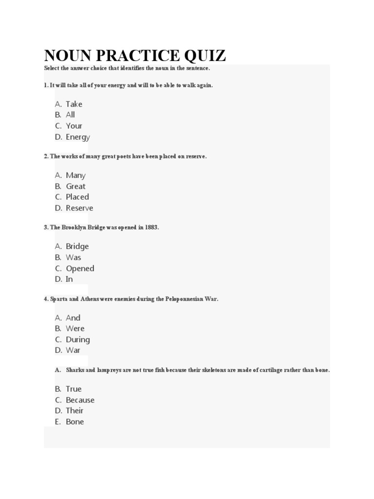 Noun Practice Quiz | PDF | Verb | Noun