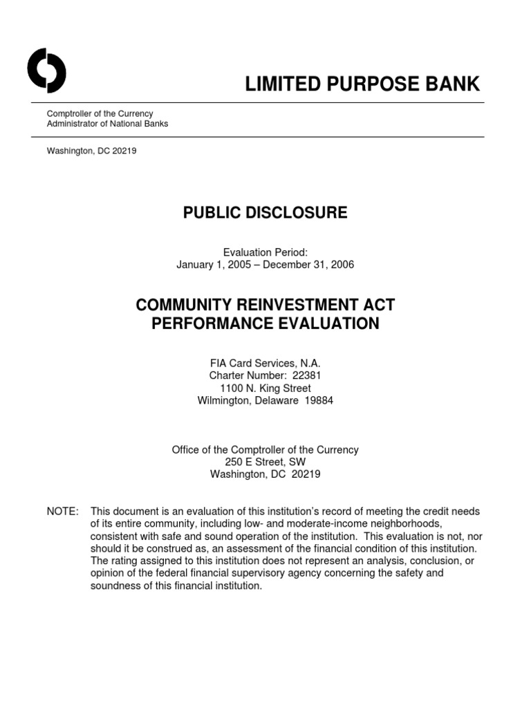 Limited Purpose Bank: Public Disclosure | PDF | Community Reinvestment ...