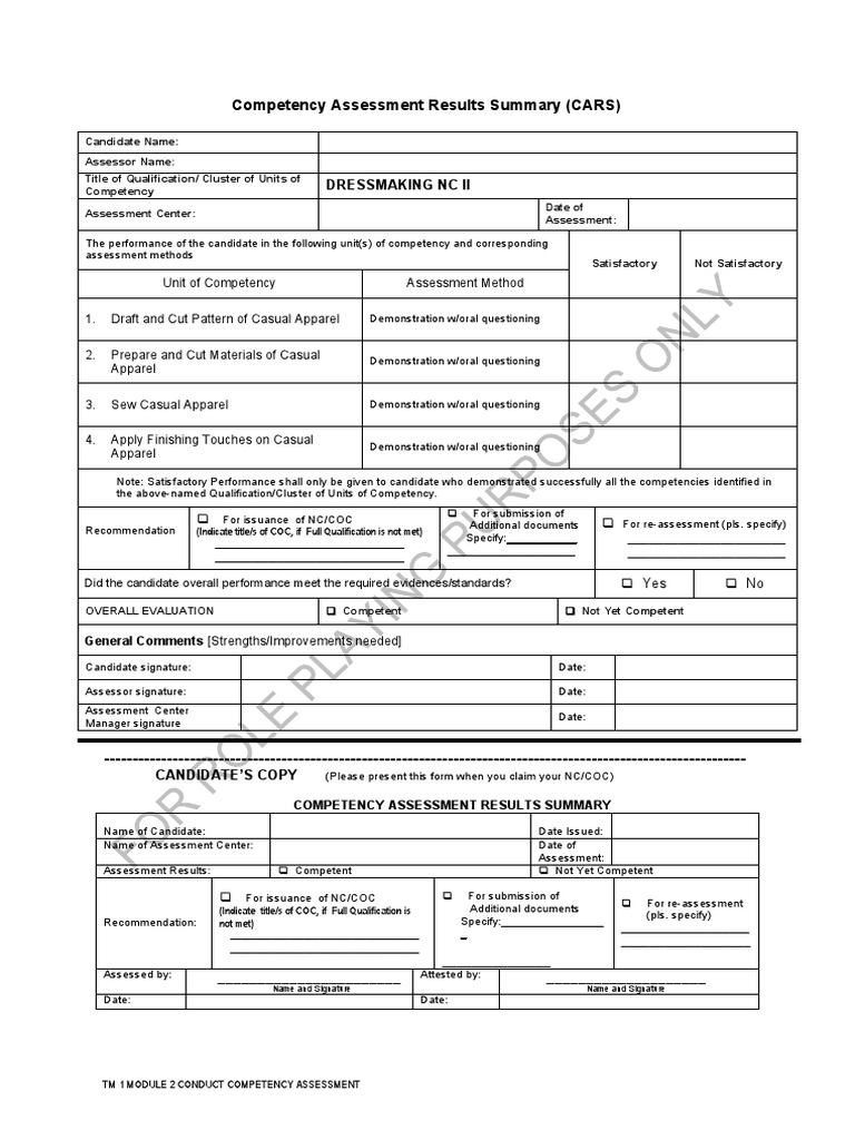 DRESSMAKING Competency Assessment Results Summary | PDF