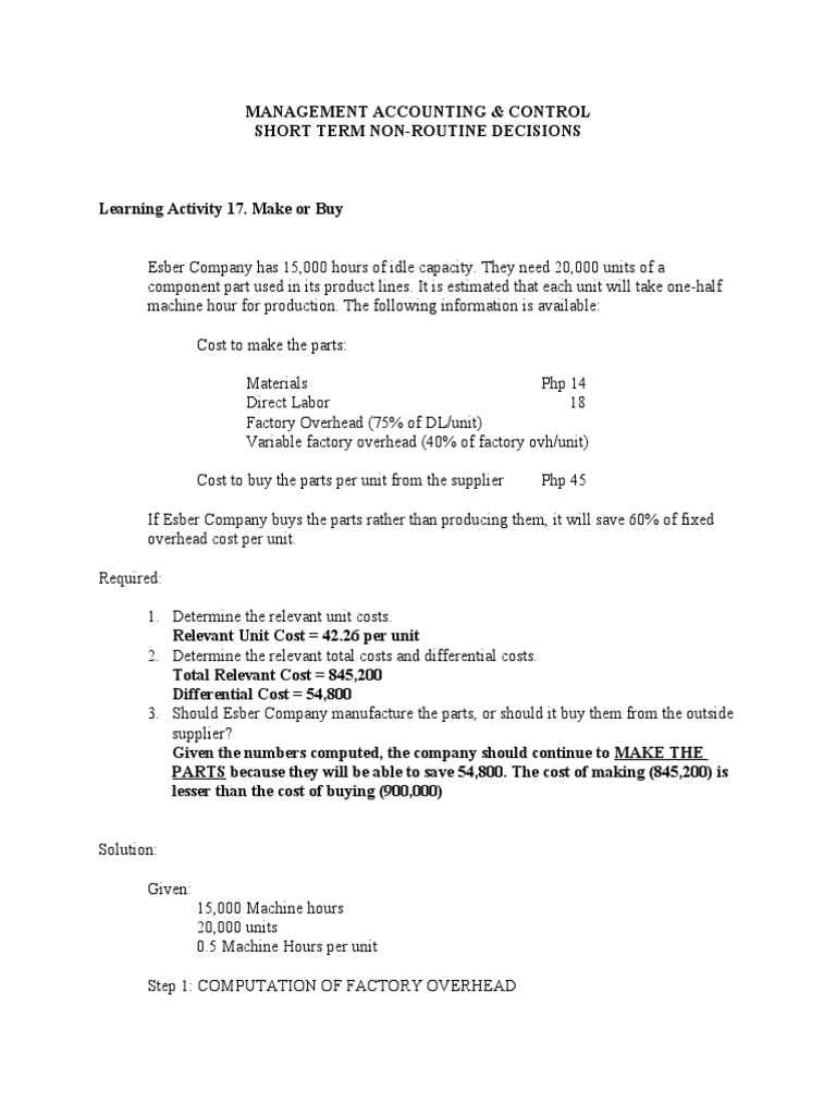 PERMALINO - Learning Activity 17 - Make or Buy Decision | PDF | Cost | Management Accounting