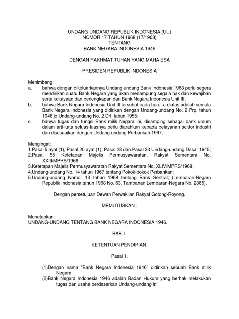 UU Nomor 17 Tahun 1968 | PDF | Pengelolaan Keuangan & Uang