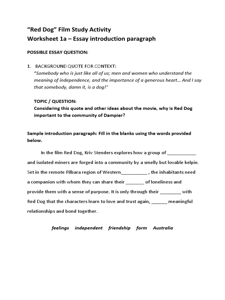 Red Dog Film Study - Worksheet 1a - Essay Introduction Paragraph | PDF
