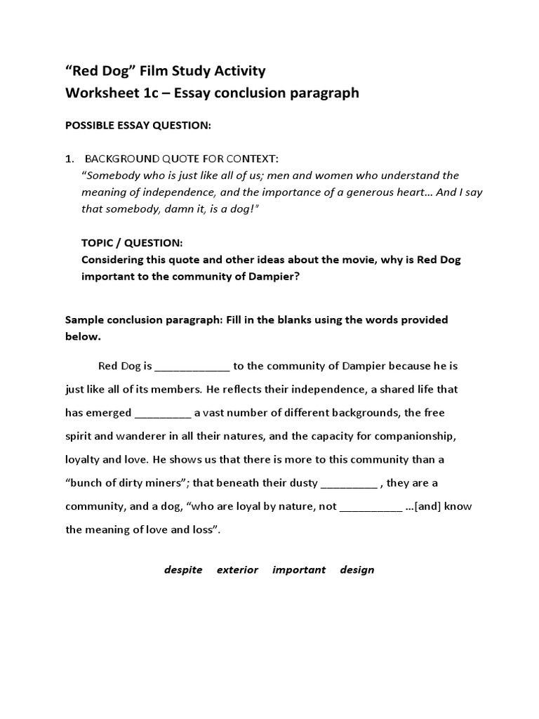 Red Dog Film Study - Worksheet 1c - Essay Conclusion Paragraph | PDF