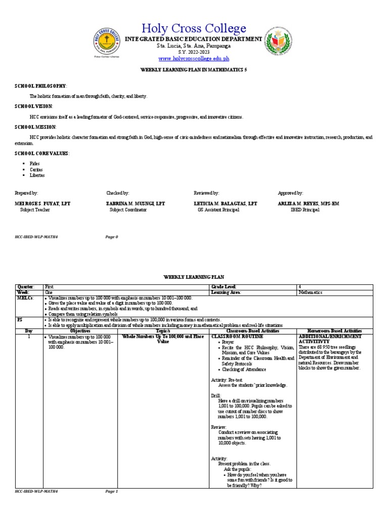 Mathematics 4 - Weekly Learning Plan (Week 1) | PDF | Prayer | Teaching