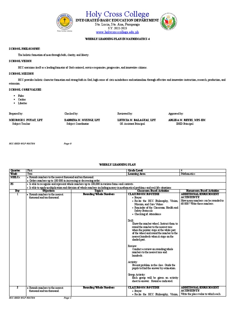 Mathematics 4 - Weekly Learning Plan (Week 2) | PDF | Planets | Behavior Modification