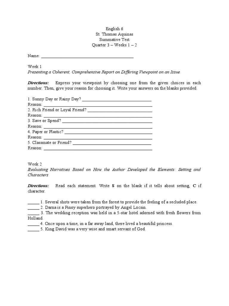English 6 Summative Test Guide | PDF | Narrative