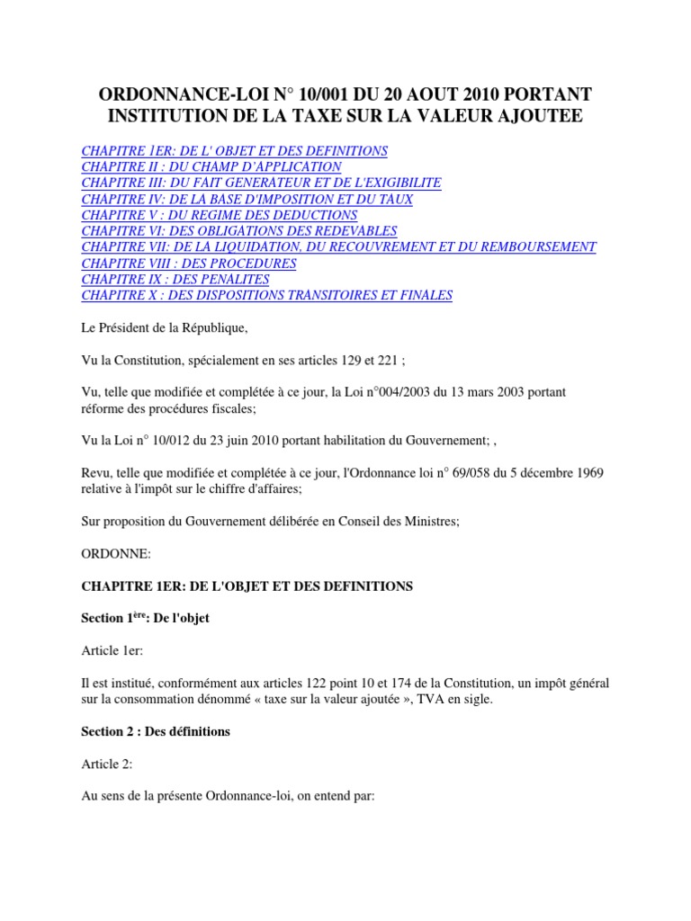 Ordonnance-loi sur la TVA en RDC | PDF