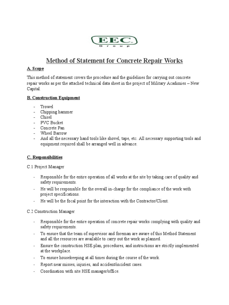 Method of Statement (Concrete Repair) | PDF | Personal Protective ...