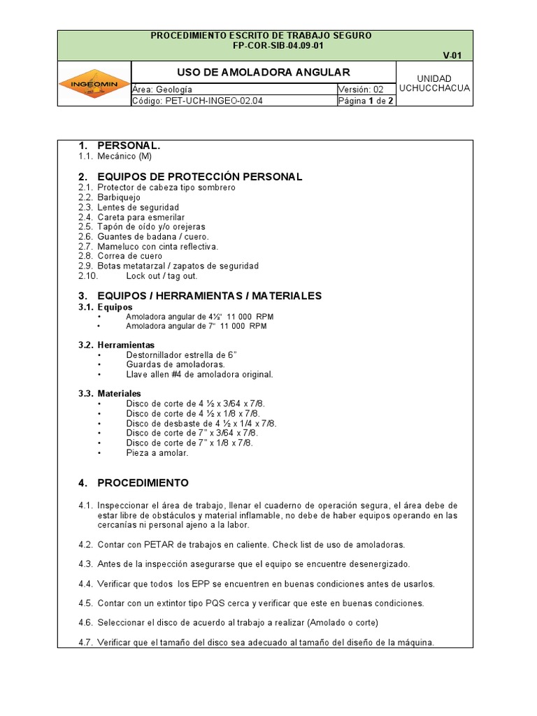 Pet-Uch-Ingeo-02.04 Uso de Amoladora Angular V01 | PDF | Metalurgia | Herramientas
