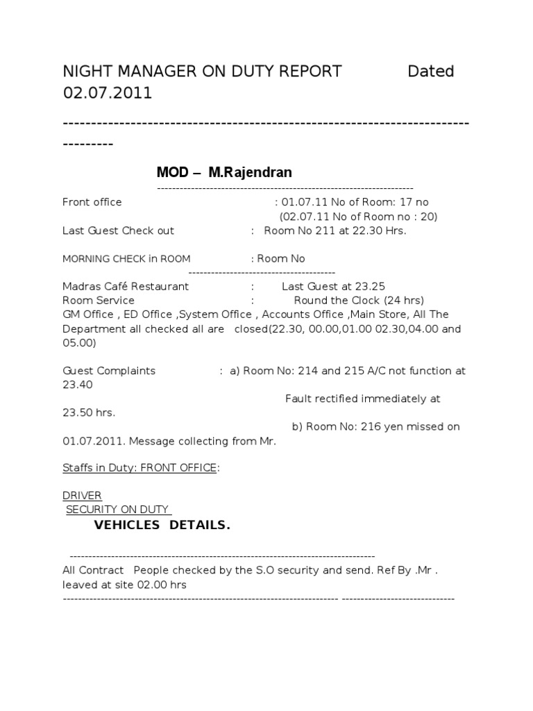 Night Manager Duty Report Summary | PDF