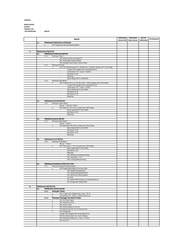 Cek List Item Pekerjaan M.E | PDF
