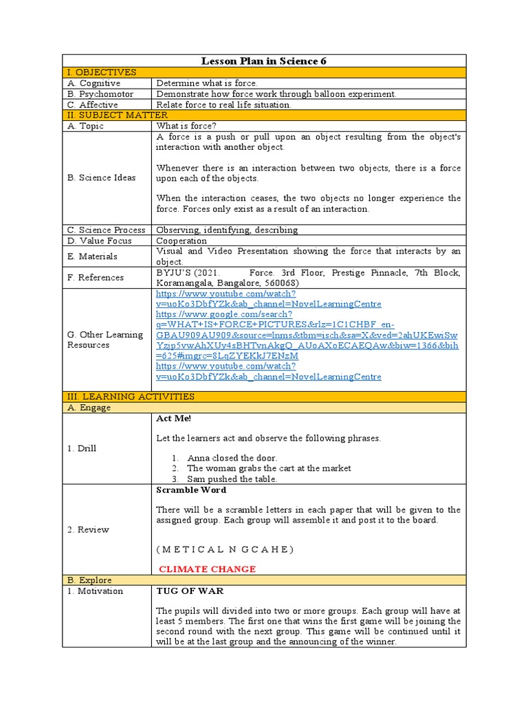 Lesson Plan in Science 6 FINAL | PDF | Force | Newton's Laws Of Motion