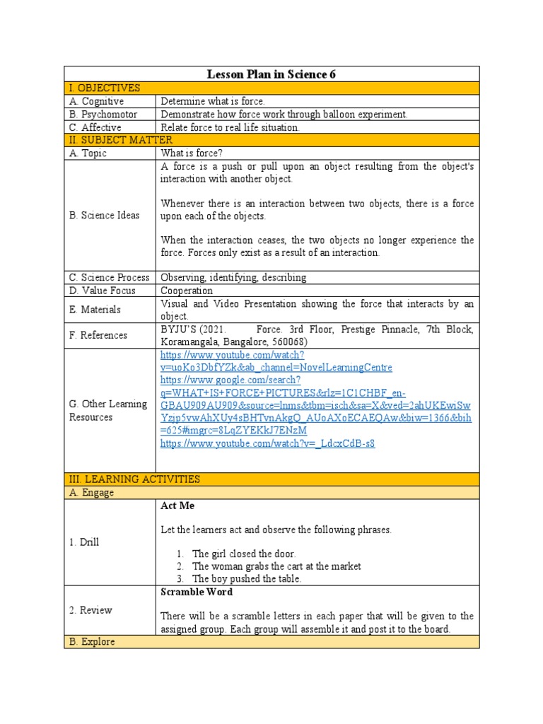 Lesson Plan in Science 6(completed) | PDF | Force | Newton's Laws Of Motion