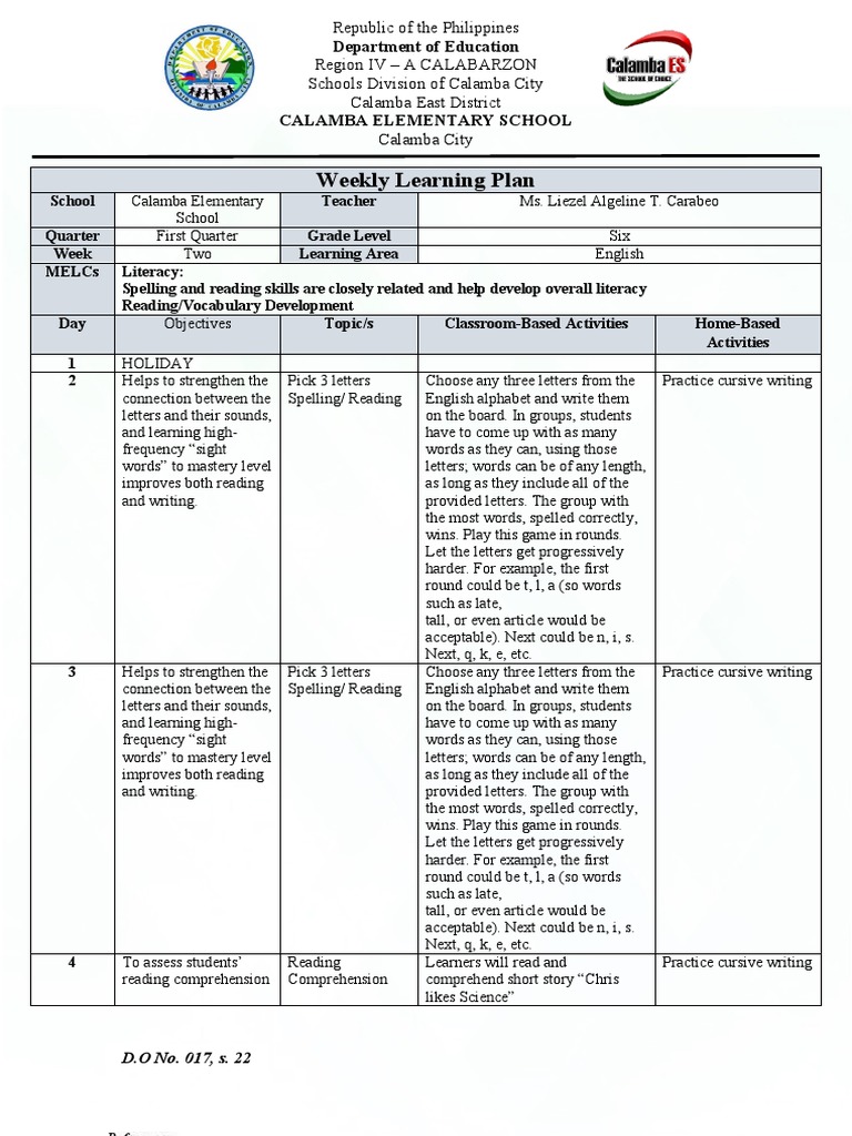 English Weekly Plan Week 2 | PDF | Reading Comprehension | Linguistics