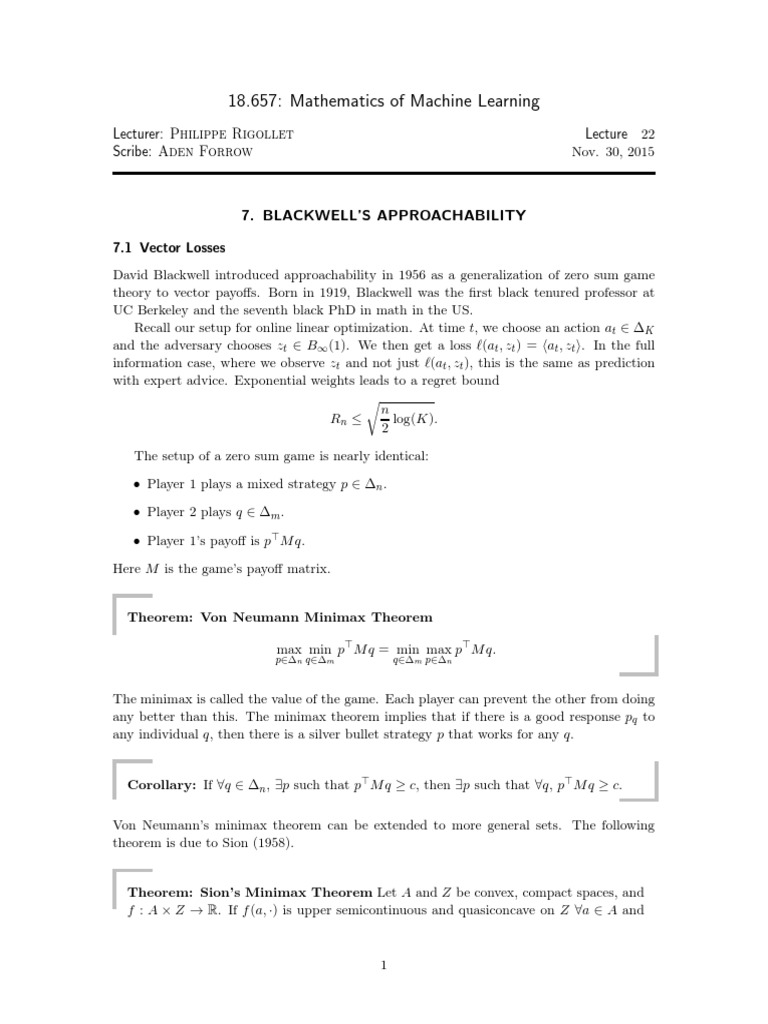 18.657: Mathematics of Machine Learning: 7. Blackwell'S Approachability ...